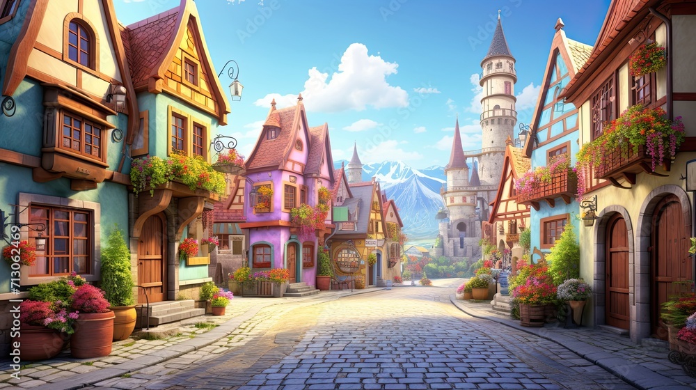 An old-fashioned village graced with cobblestone streets. Quaint streetscape, historic charm ...