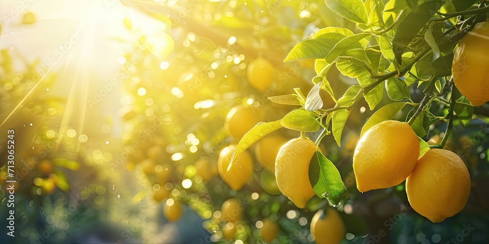 Ripe lemons hanging from lush tree in sunny summer day showcasing fresh ...