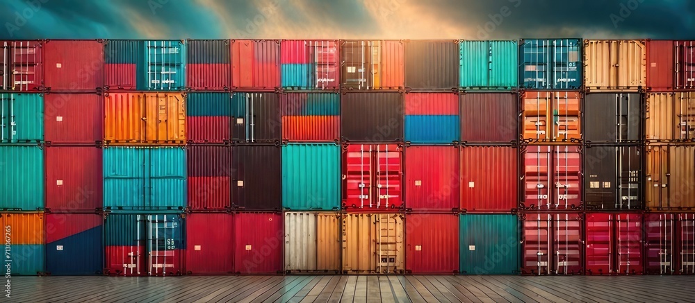 Harbor Dynamics A towering stack of cargo containers at the bustling ...