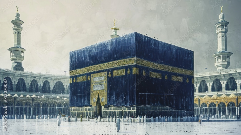 painting. Drawing of the Kaaba prayer in Mecca, back view. A holy place ...
