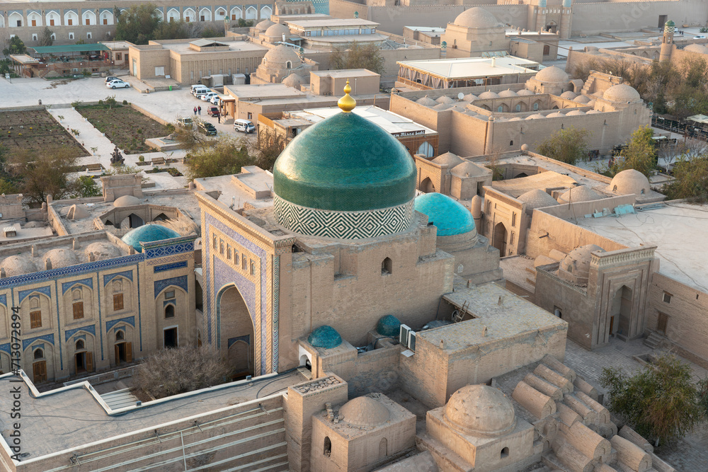 Historical buildings of Khiva Uzbekistan from above. Building with ...