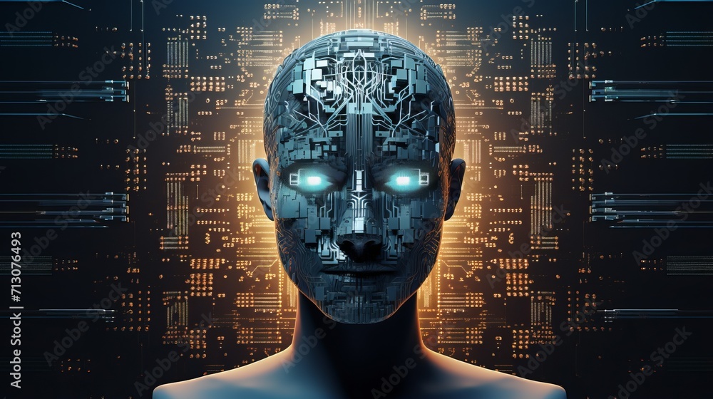 Human cyborg with circuit pattern on head against cyberspace backdrop ...