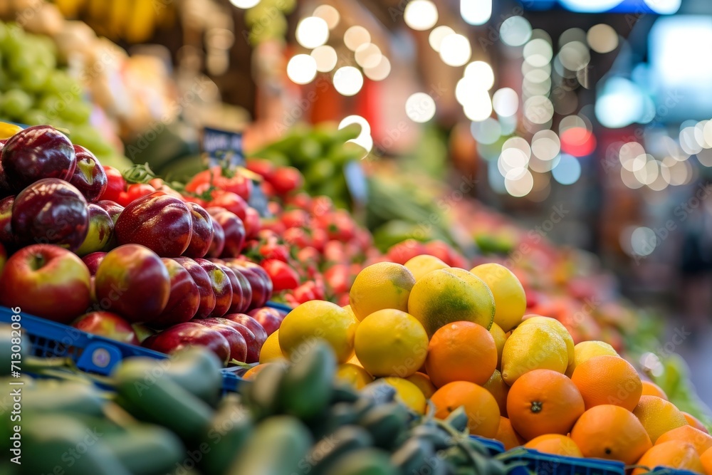 more varieties of fruits visible and lights creating a bokeh effect ...
