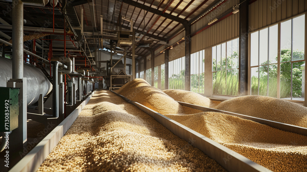 An immersive scene of a modern rice mill in operation, with machinery ...