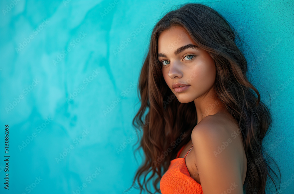 beautiful female young woman posing back and front on blue background ...