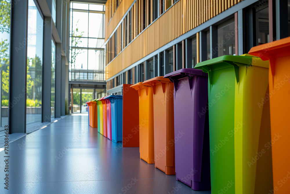 Colorful plastic bins for different waste types. Multi-colored material ...