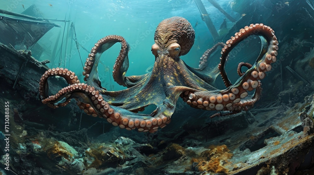 Octopus in its underwater habitat, deep in the ocean in a wrecked ship ...