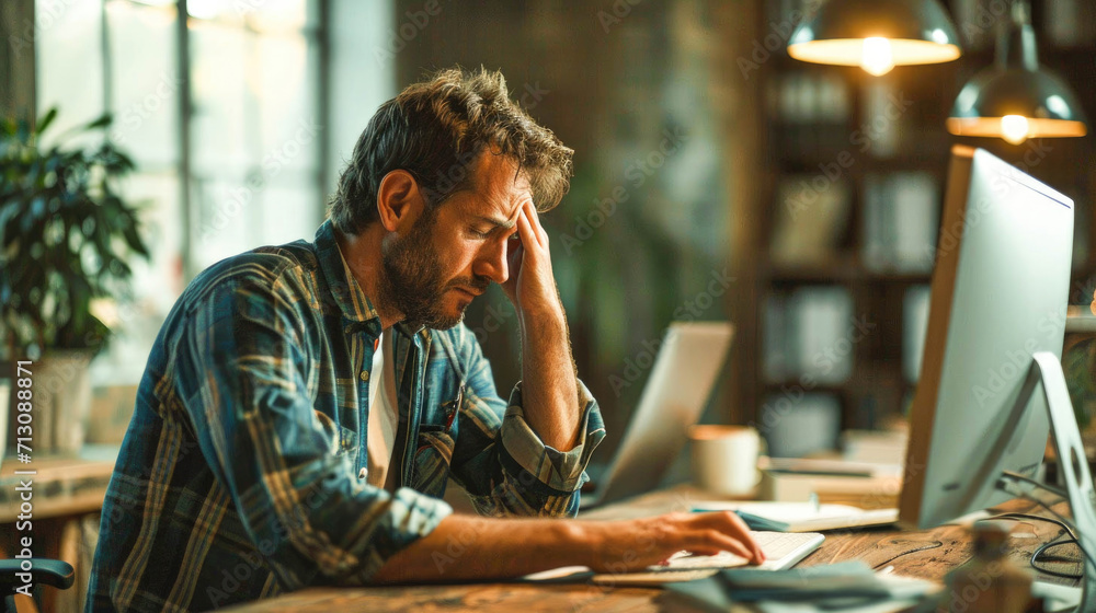 A man appears frustrated while working at a computer in a modern office ...
