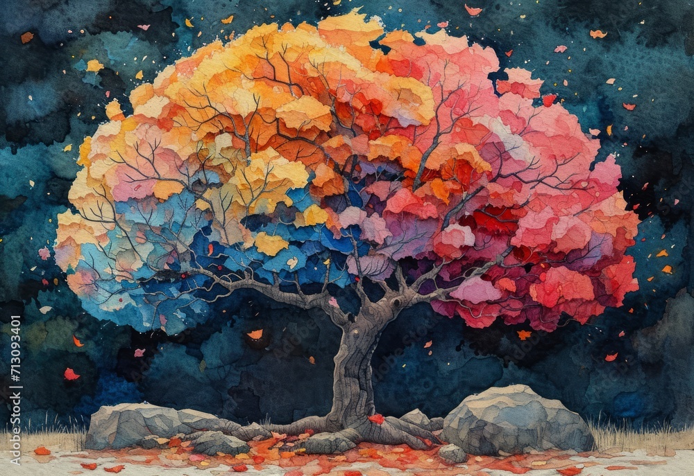 Colorful big tree, watercolor art. Retro vintage wallpaper. Tree of ...