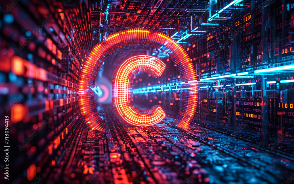 Vibrant digital copyright symbol encircled by neon cyber structures ...