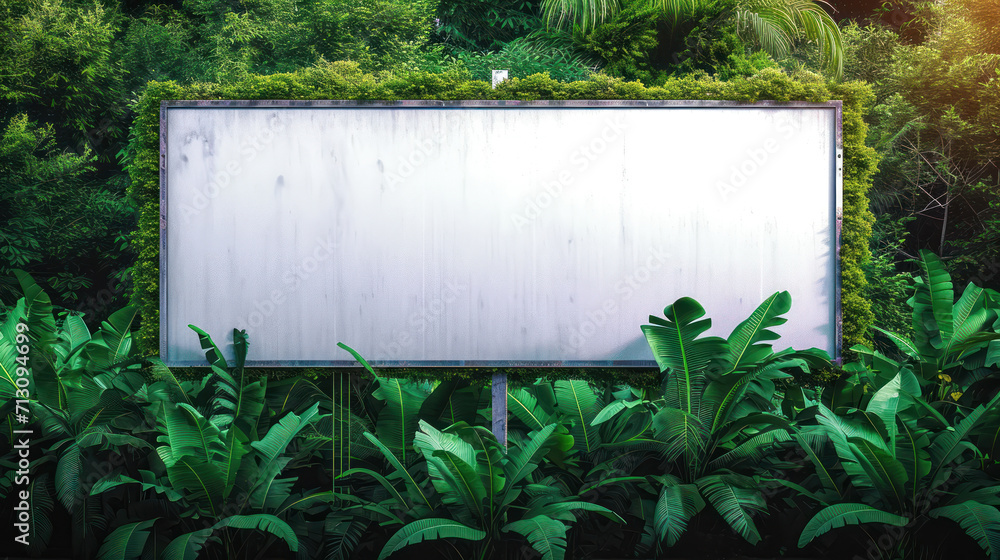 Blank billboard amidst lush greenery for eco-friendly advertising ...