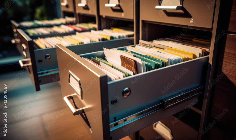 Close-up View of Open File Cabinet Drawers Filled with Labeled Documents, Depicting Organization ...