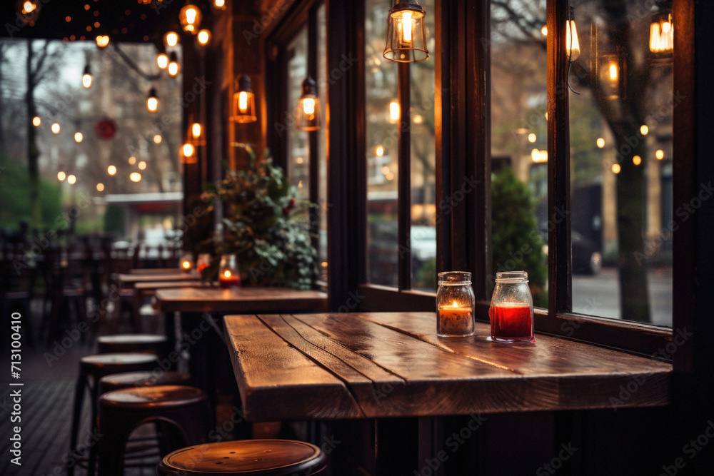 Wooden cafe table bokeh background, empty wood desk restaurant tabletop ...
