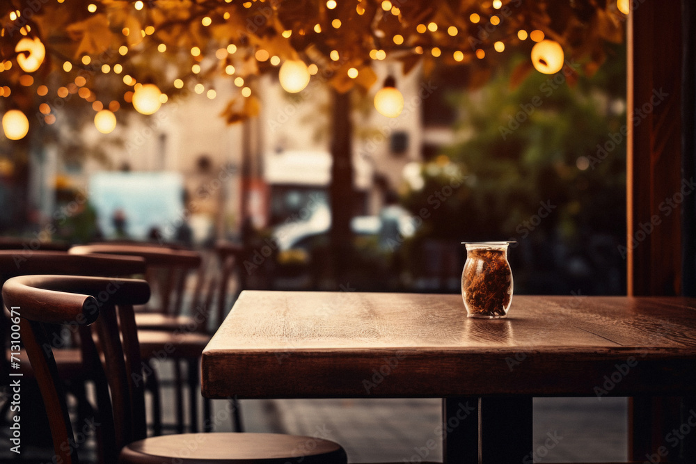Wooden cafe table bokeh background, empty wood desk restaurant tabletop ...