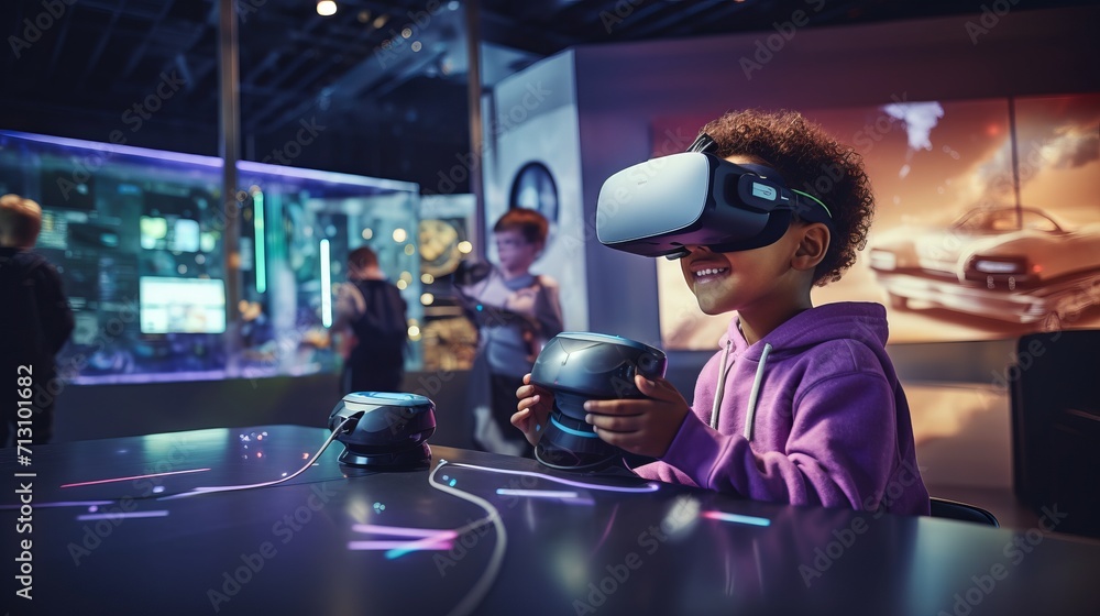 Child in VR gear at a modern esports booth, learning while playing ...