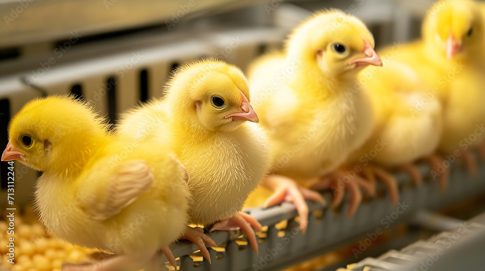 Broiler cross chickens in a brooder with. Close-up. View from above ...