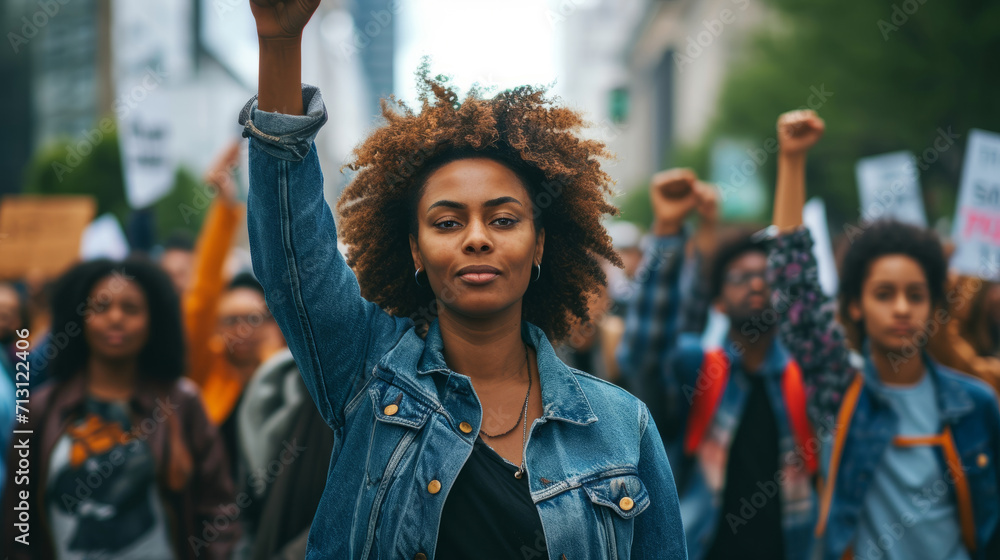Black woman marching in protest with a group of protestors with their ...