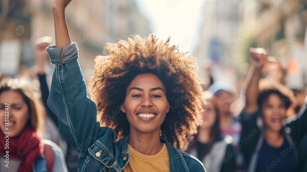 Black woman marching in protest with a group of protestors with their ...