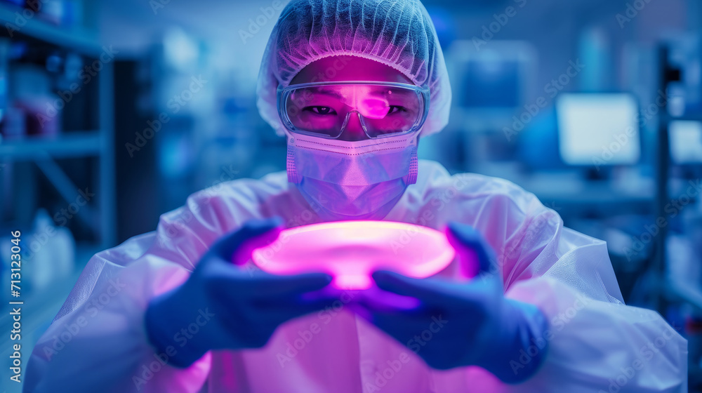 Lab technician holds semiconductor silicone wafer in hands inside ...