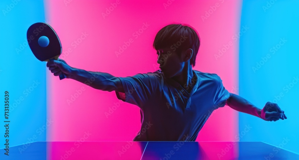 Dynamic portrait of young man, Asian ping-pong player hitting ball ...