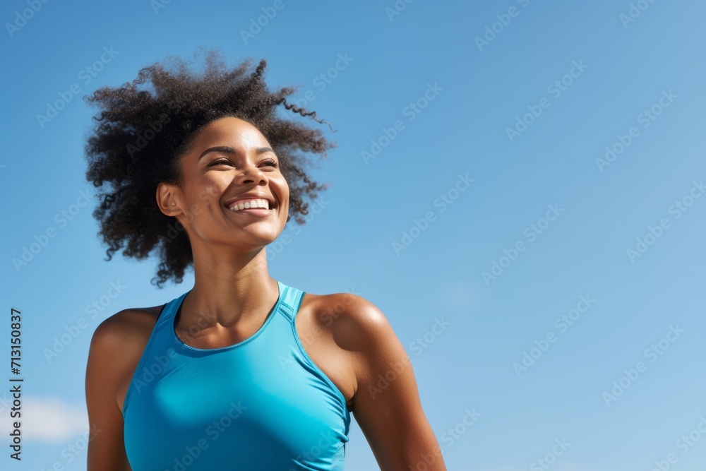 Fitness, calm and breathing of black woman outdoor in nature, mountains ...