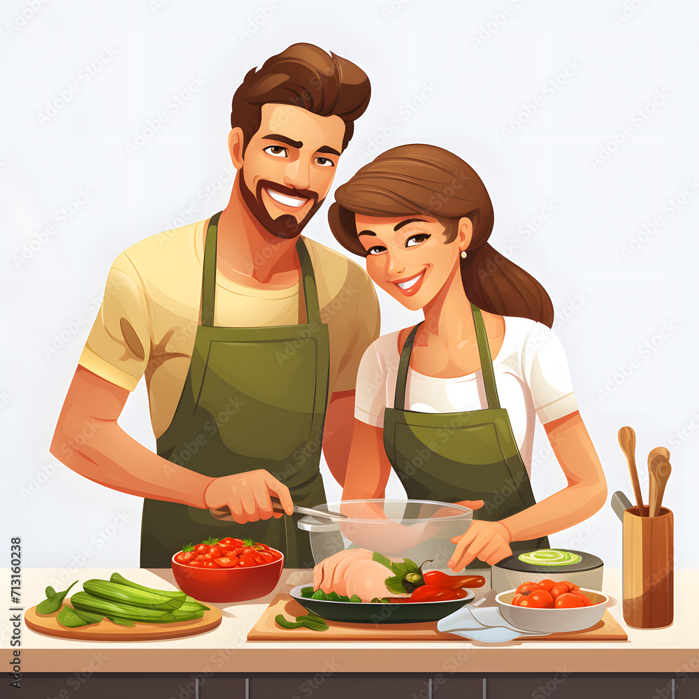 Couple cooking a meal together in the kitchen isolated on white ...