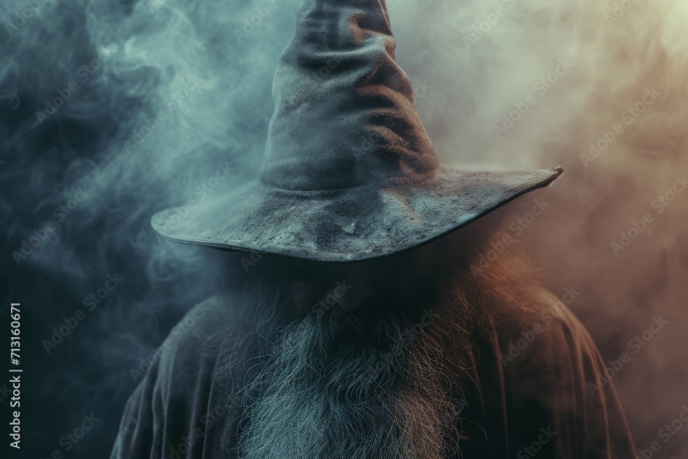 dark and foggy scene where a wizard-like figure wearing a large hat and ...