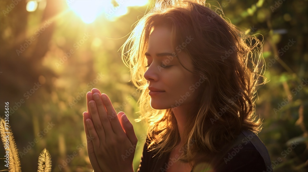 Young woman praying with her hands clasped, humble female person ...