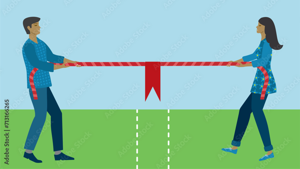 Man and woman in tug-of-war competition. Dragging rope with flag ...