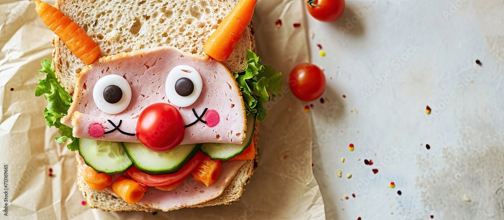 Fun food for kids cute smiling clown face on ham sandwich decorated ...