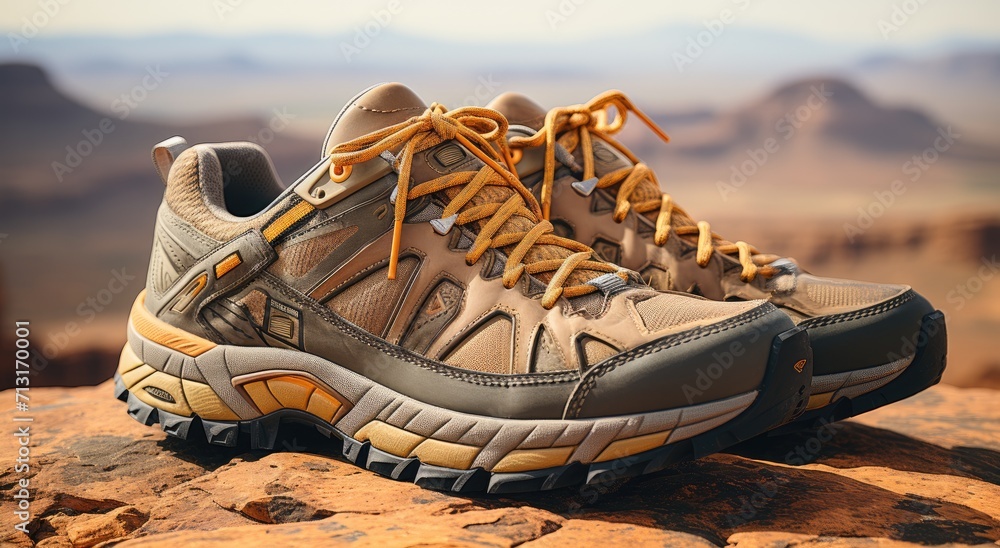 Sturdy hiking shoes blend seamlessly with the rugged terrain, carrying ...