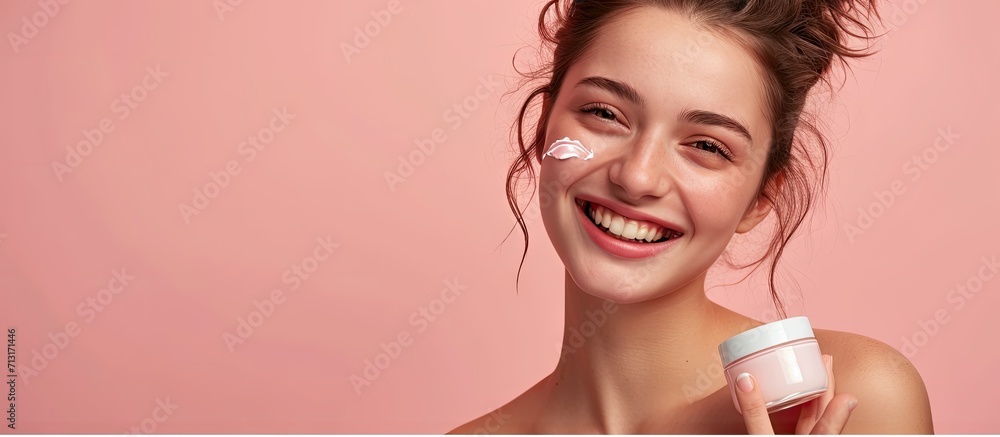 Happy woman face cream and beauty makeup product and sunscreen facial ...