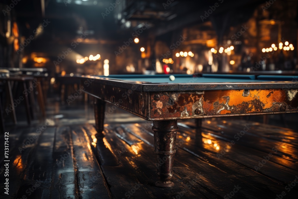 Amidst the bustling city, a lone pool table stands in a dimly lit room ...