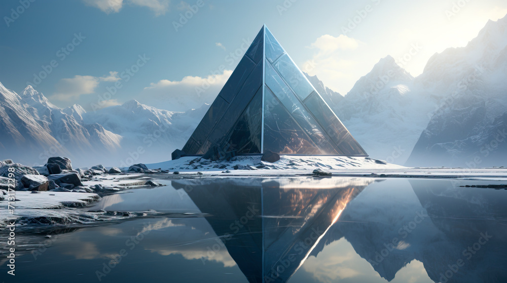 Modern Glass Pyramid Architecture Against Snowy Mountain Backdrop ...