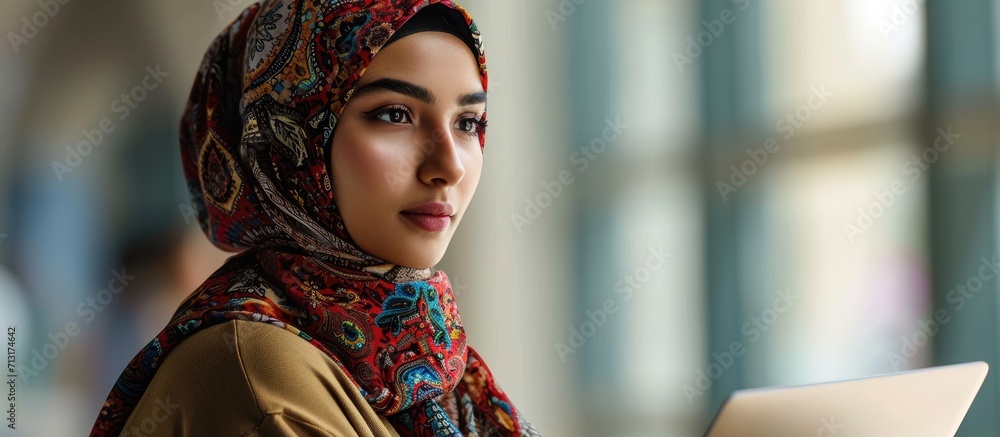Foto de Female Muslim Student Wearing Hijab Studying in Modern ...