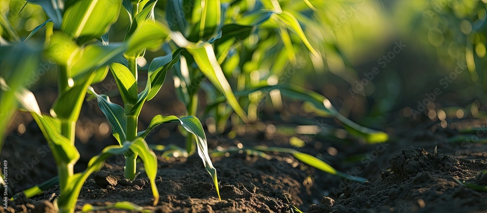 Young corn plants in a corn field close up green leaves stem Agriculture concept. Copy space ...