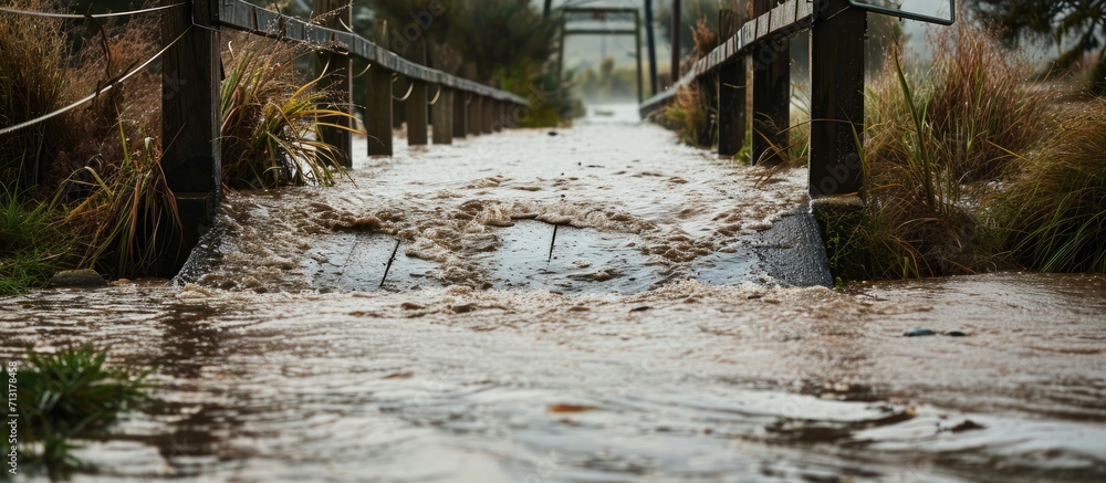 Suspension pedestrian bridge over creek after flood with wire sides ...