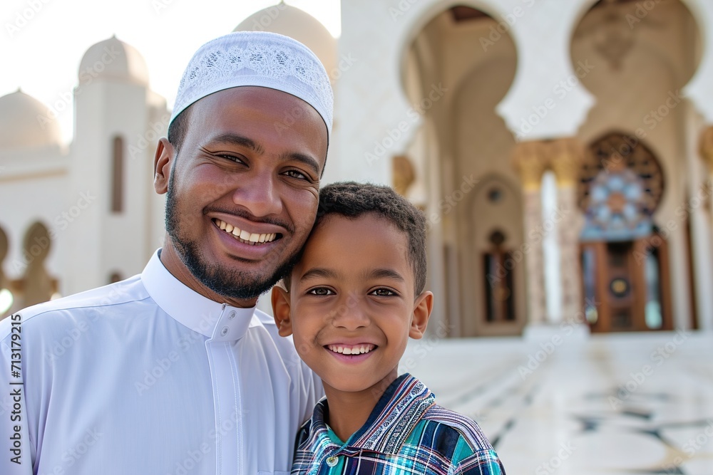 Muslim father and son smiling to camera in front of mosque Stock ...
