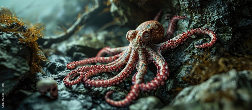 close up of lesser octopus also known as horned or curled octopus close ...