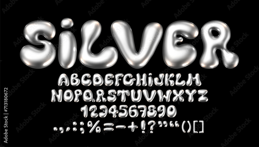 Glossy metallic silver font. Inflated alphabet, 3D ballon letters and ...