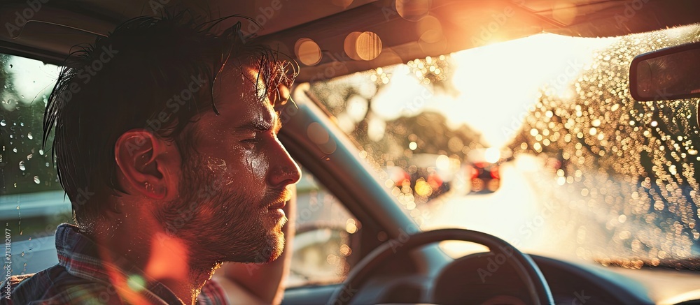 Exhausted woman driver feeling headache sitting inside her car applies ...