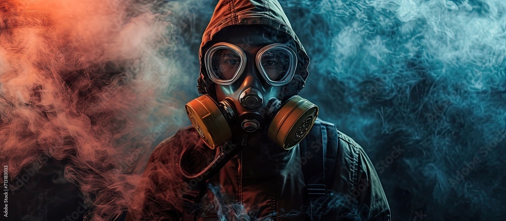 Chemical leak and safety first concept Man wearing a Toxic protective ...
