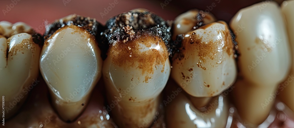 a diseased oral cavity with rotten decayed carious teeth dental plaque ...