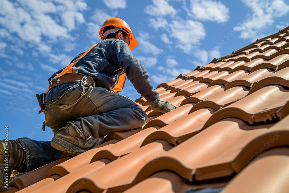 Engineer workers install new roof, roofing tools, electric drill, use ...