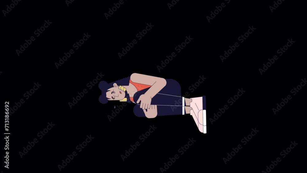 Heartbroken latina woman lying curled up line 2D character animation ...
