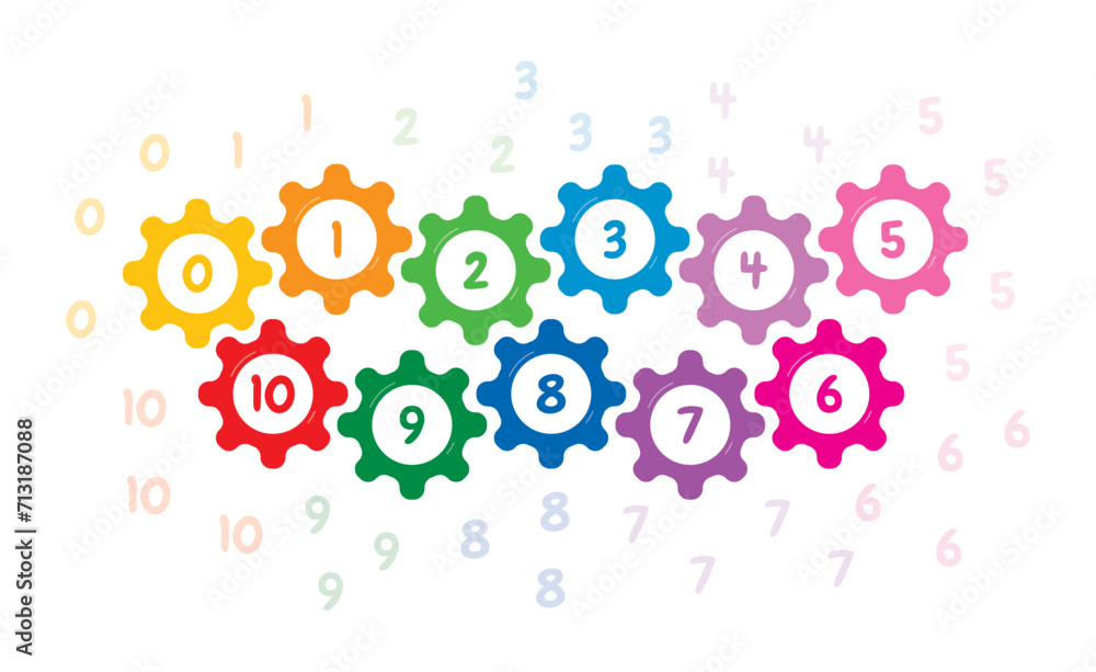colorful cogs and color numbers. wheel symbol and counting numbers ...