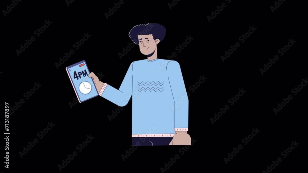 Vidéo Stock Tired hispanic man checking time on phone line 2D character ...