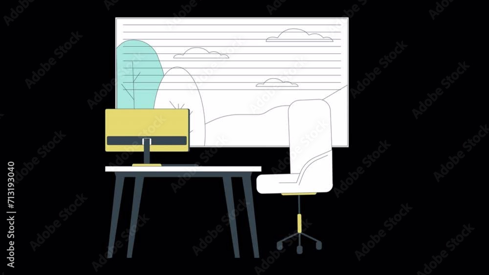 Workspace table with office chair wheels near window line cartoon ...