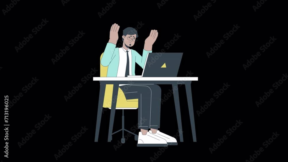 Stressed out indian man at workplace line 2D character animation ...