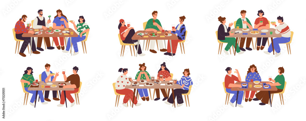 Family dinner in cafe. Group of cartoon people eats breakfast meal ...